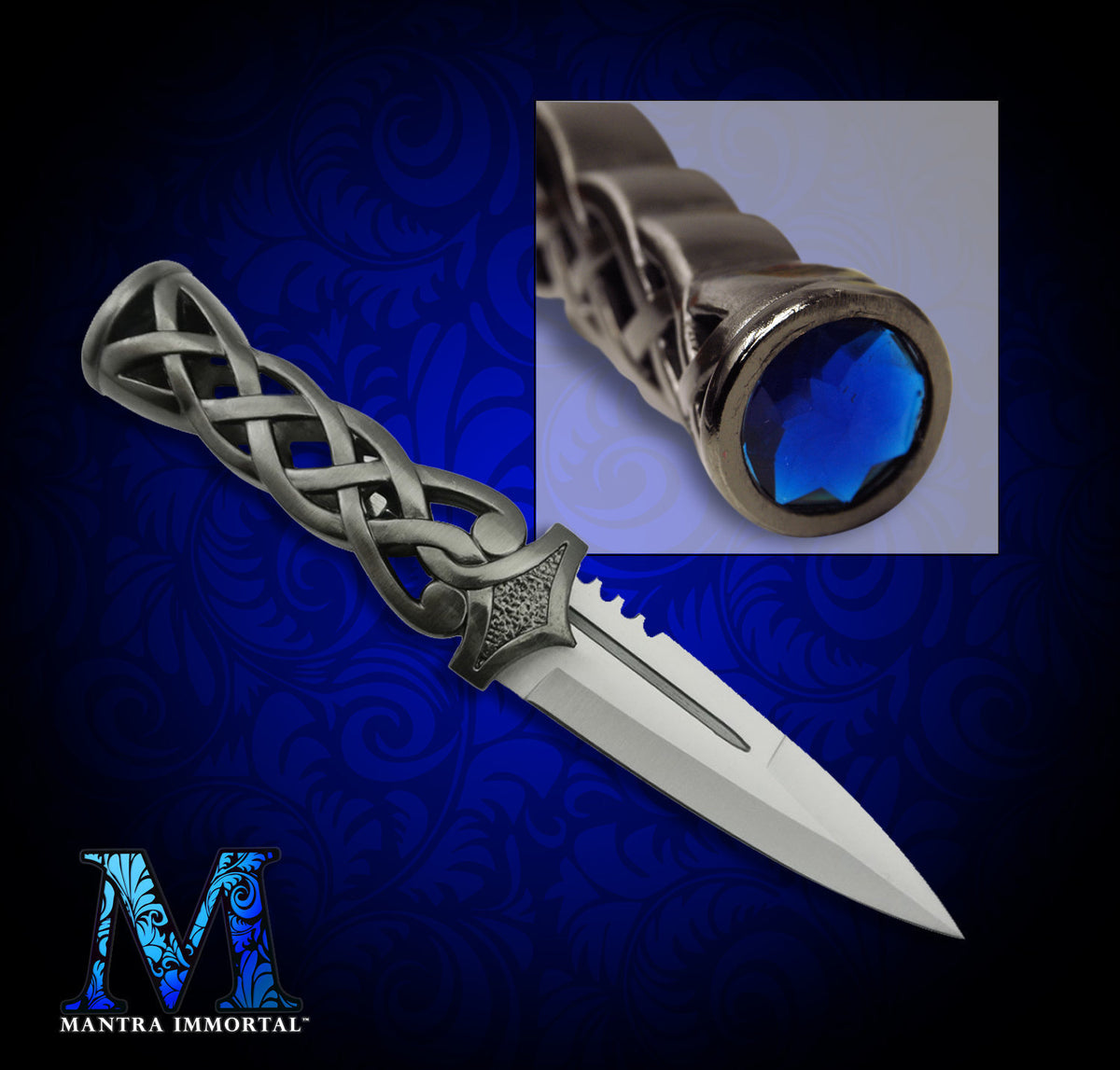 Custom-Engraved, Scottish Dirk - Celtic Style w/ Blue Faux Sapphire ...